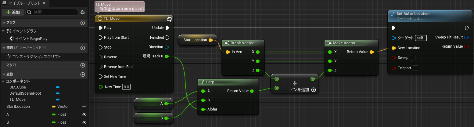 タイムラインを使ってアクタを滑らかに動かす[TimeLine,Set Actor Location,Set Actor Rotation ...